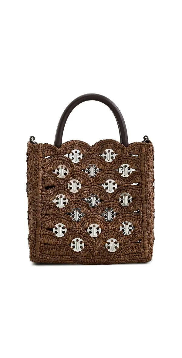 Rabanne Small Raffia Tote Bag With Signature 1969 Discs - Brown/silver