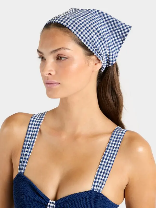 Hunza G Sofia Gingham Headscarf - Navy Gingham