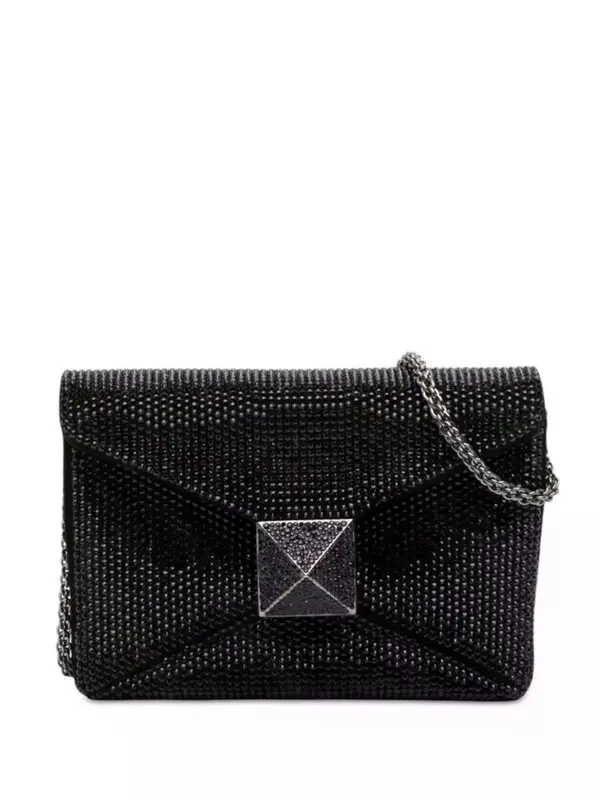 Valentino Garavani 2018-2026 Small Crystal Embellished Suede One Stud Clutch With Chain Crossbody Bag - Black