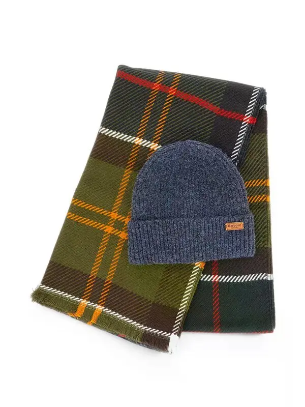 Barbour Tartan-print Beanie And Scarf Set - Green