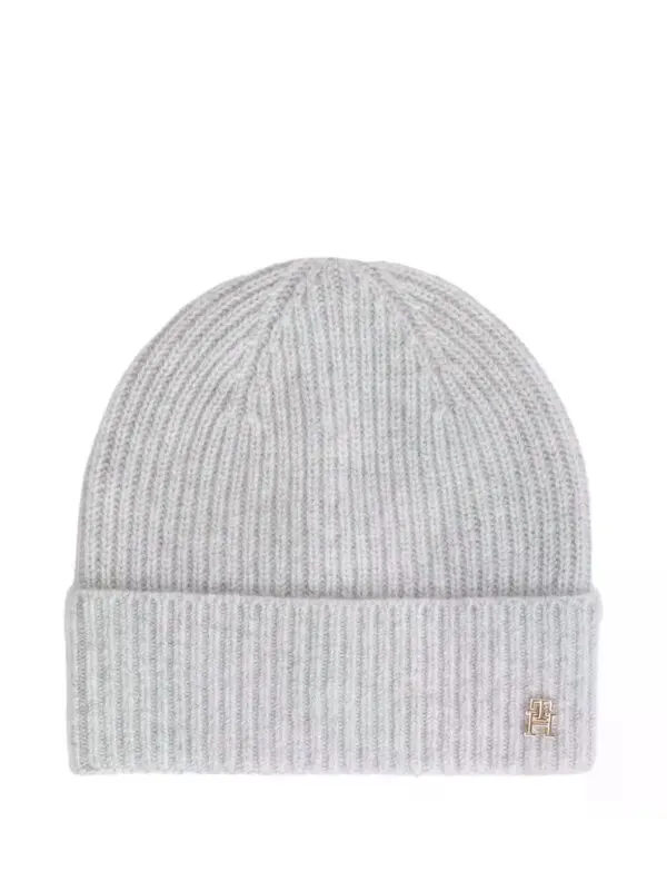 Tommy Hilfiger Ribbed Knit Logo Plaque Beanie Hat - Grey