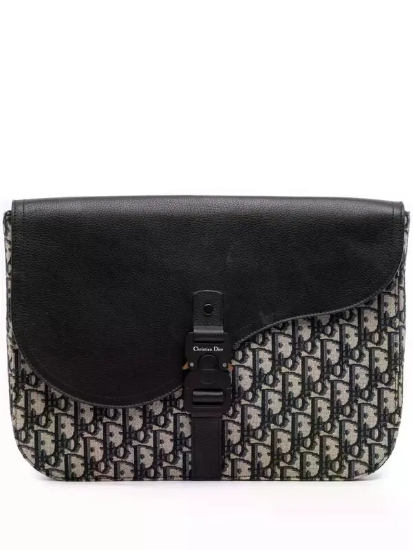 Dior 2022 Oblique Canvas And Leather Saddle A4 Pouch Clutch Bag - Blue