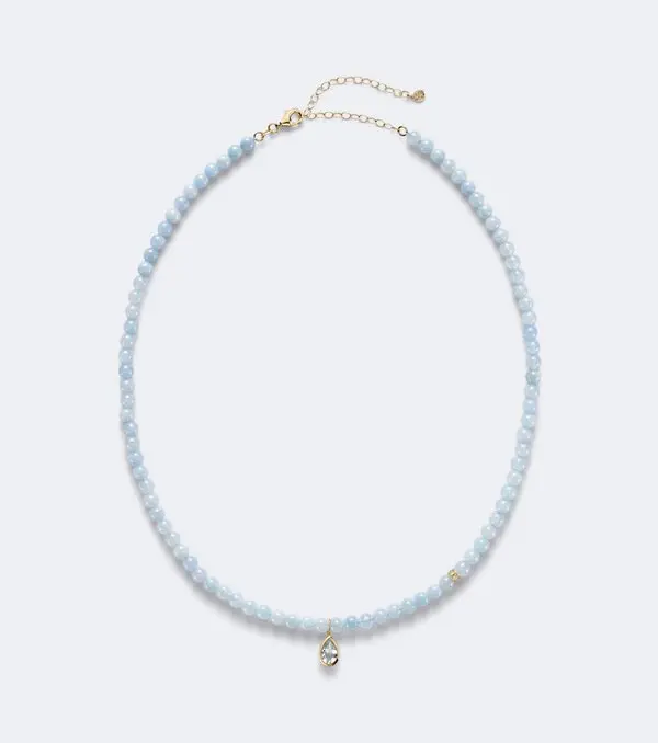 SYDNEY EVAN Icon Mounting 14kt Gold Beaded Necklace With Aquamarine And Diamonds - Blue