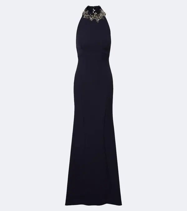 Safiyaa Lark Embellished Halterneck Crêpe Gown - Blue