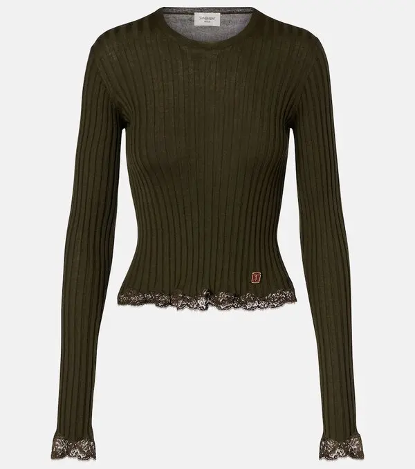 Saint Laurent Lace-trimmed Wool, Cashmere, And Silk Top - Green