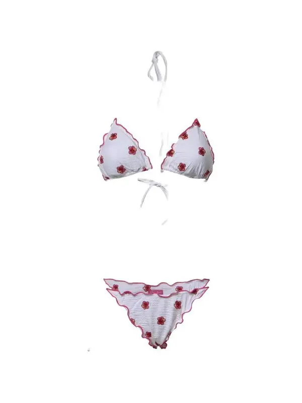 MC2 SAINT BARTH Seersucker Bikini With Hibiscus Embroidery