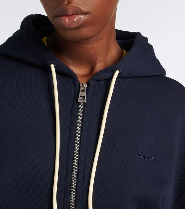 Loewe Cotton Fleece Zip-up Hoodie With Leather Trim - Blue