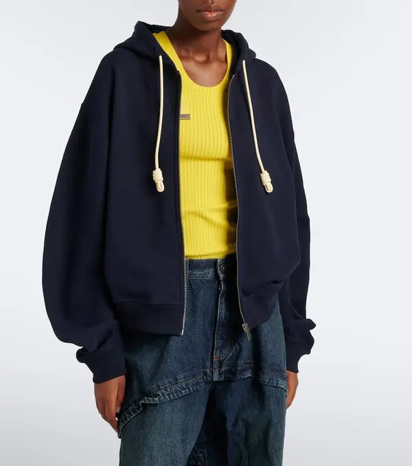Loewe Cotton Fleece Zip-up Hoodie With Leather Trim - Blue