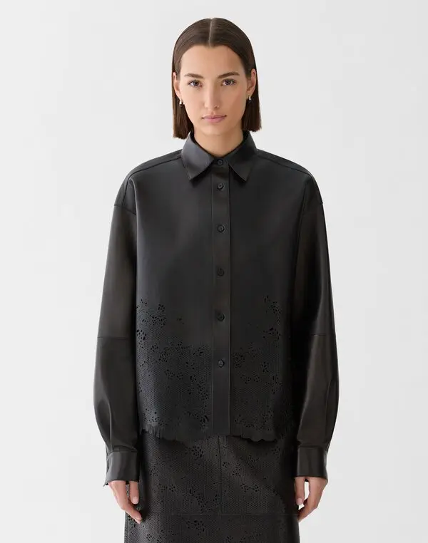 Lafayette 148 New York Laser Cut Nappa Leather Shirt - Black