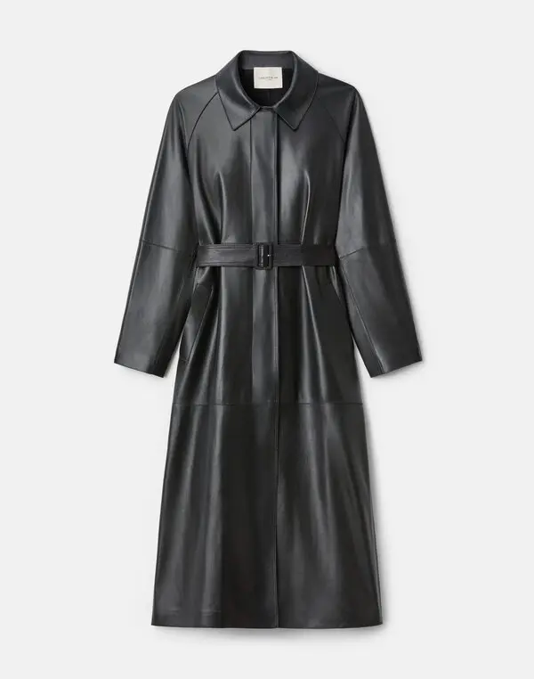 Lafayette 148 New York Nappa Leather Belted Oversized Trench Coat - Black