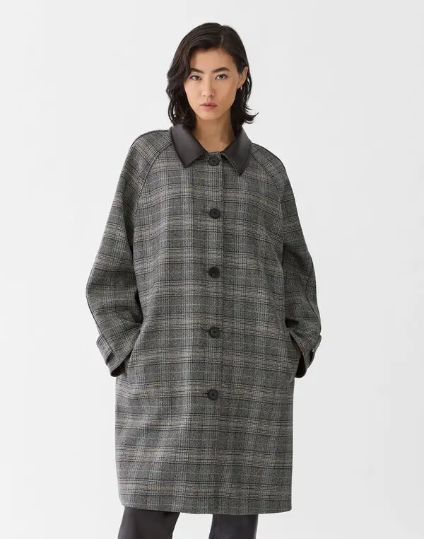 Lafayette 148 New York Wool Cashmere Glen Plaid Quilted Trench Coat - Black Multi