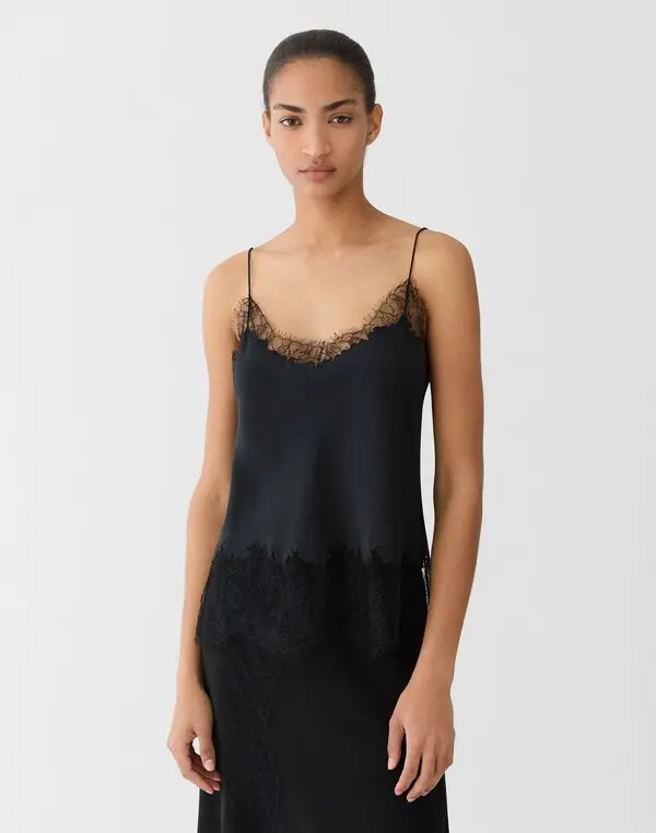 Lafayette 148 New York Matte Silk & Chantilly Lace Camisole - Black