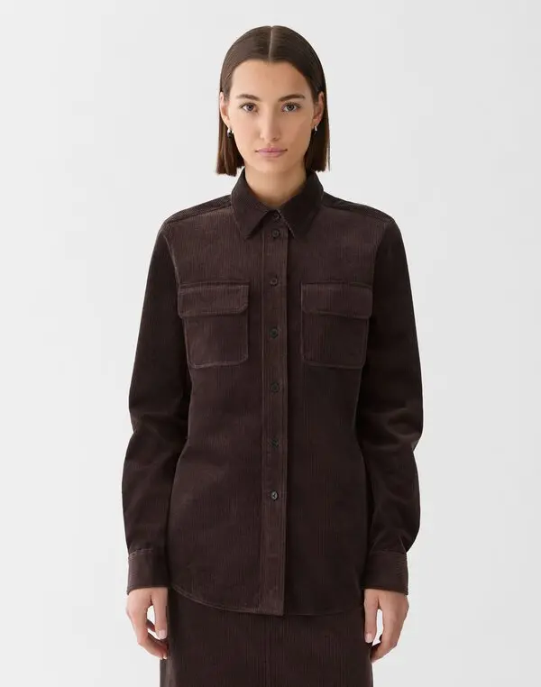 Lafayette 148 New York Cotton Corduroy Button Front Shirt - Truffle