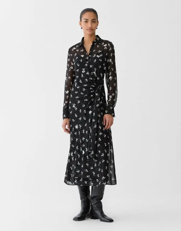 Lafayette 148 New York Ditsy Floral Print Silk Georgette Sequin Wrap Dress - Black Multi