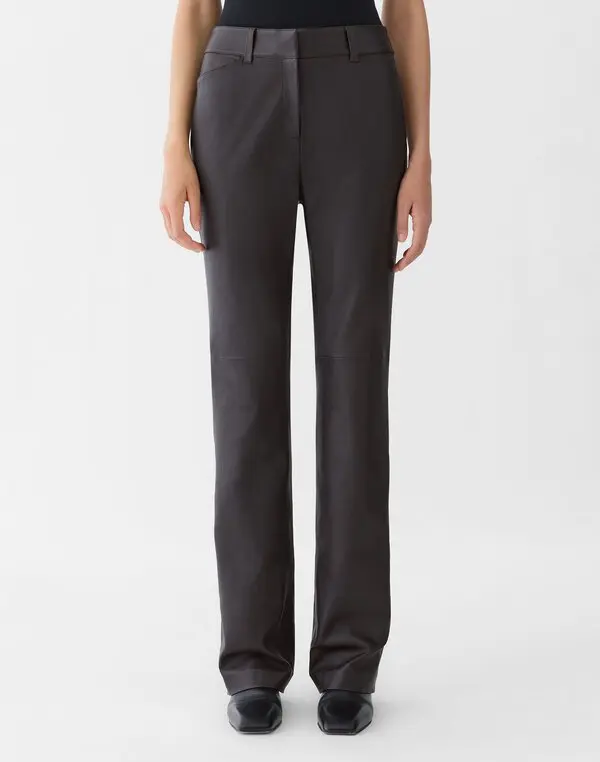 Lafayette 148 New York Stretch Nappa Leather Mid Rise Straight Leg Pants - Truffle