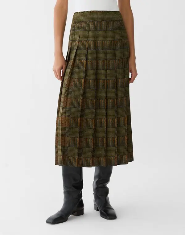 Lafayette 148 New York Glen Plaid Print Silk Pleated Midi Skirt - Forest Multi