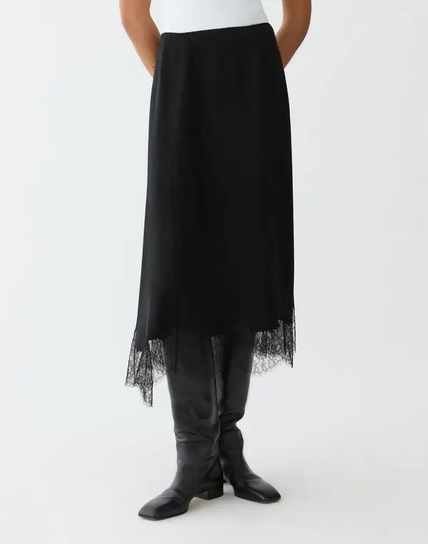 Lafayette 148 New York Responsible Finesse Crepe & Chantilly Lace Skirt - Black