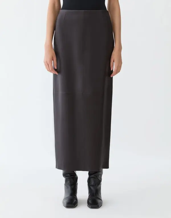Lafayette 148 New York Stretch Nappa Leather Midi Pencil Skirt - Truffle