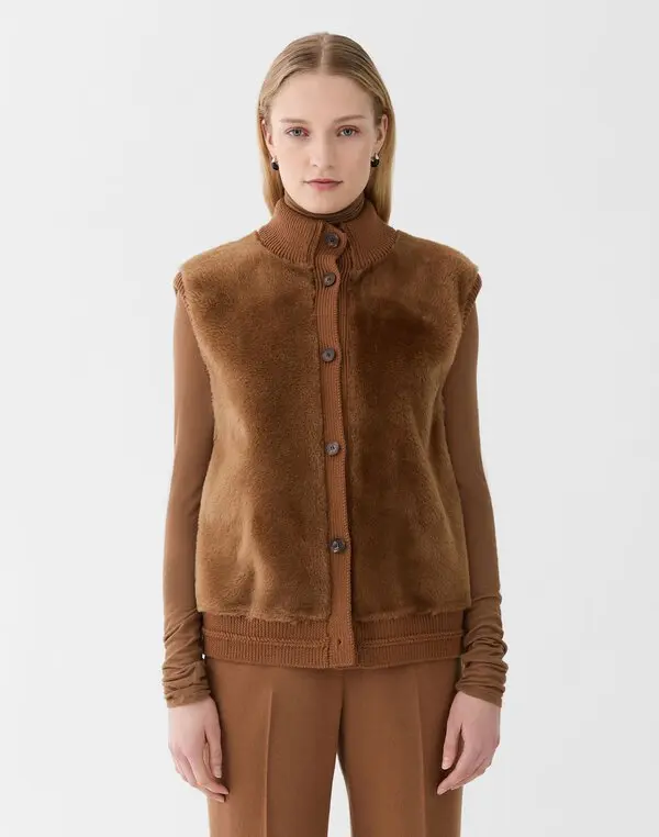Lafayette 148 New York Merino Shearling Quilted Camel Hair Vest - Vicuna