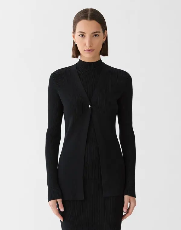 Lafayette 148 New York Matte Crepe Ribbed Slim Cardigan - Black