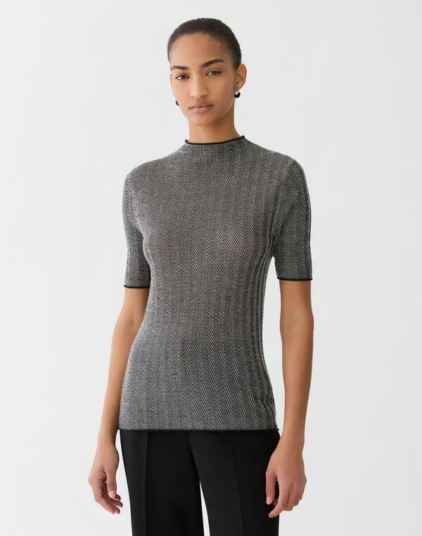 Lafayette 148 New York Cashmere Herringbone Short Sleeve Sweater - Black/buff