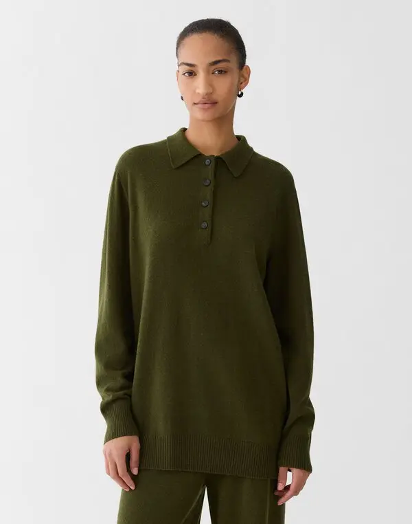 Lafayette 148 New York Wool Cashmere Polo Sweater - Forest