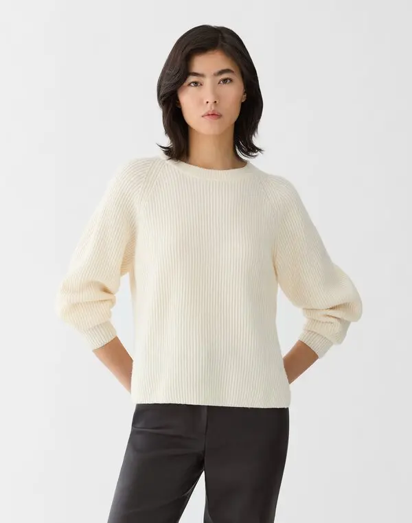 Lafayette 148 New York Wool Cashmere Fisherman's Rib Crewneck Sweater - Cloud