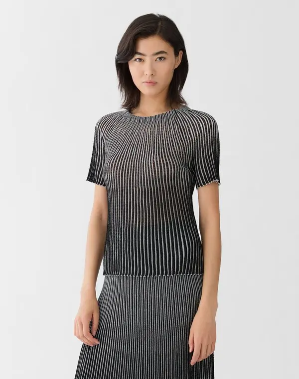 Lafayette 148 New York Metallic Stripe Pointelle Short Sleeve Sweater - Black Metallic
