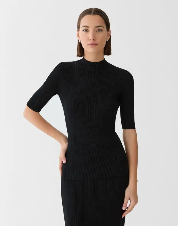 Lafayette 148 New York Matte Crepe Ribbed Mockneck Short Sleeve Sweater - Black