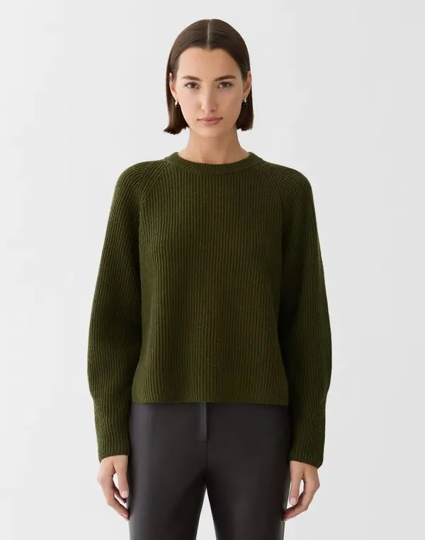 Lafayette 148 New York Petite Wool Cashmere Ribbed Crewneck Sweater - Forest
