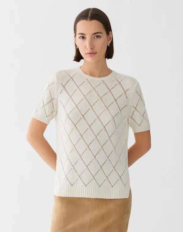 Lafayette 148 New York Petite Cashmere Sequin Silk Argyle Sweater - Cloud Metallic