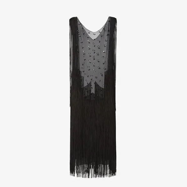 Fendi Embroidered Fringe Midi Dress - Black