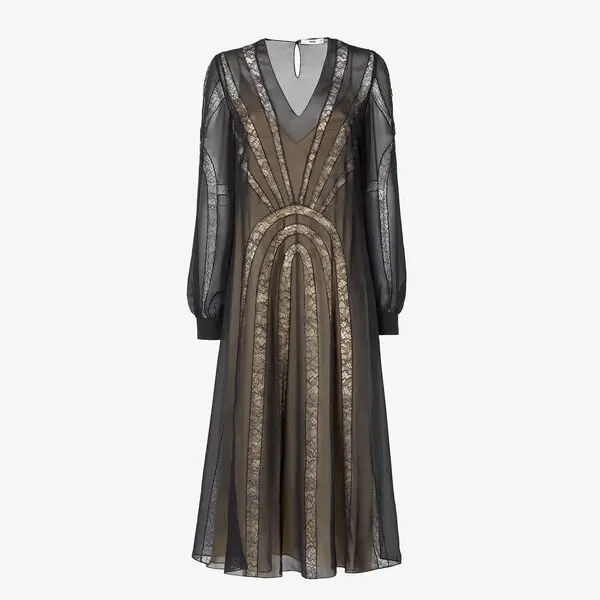 Fendi Silk Georgette Midi Dress With Chantilly Lace Inlays