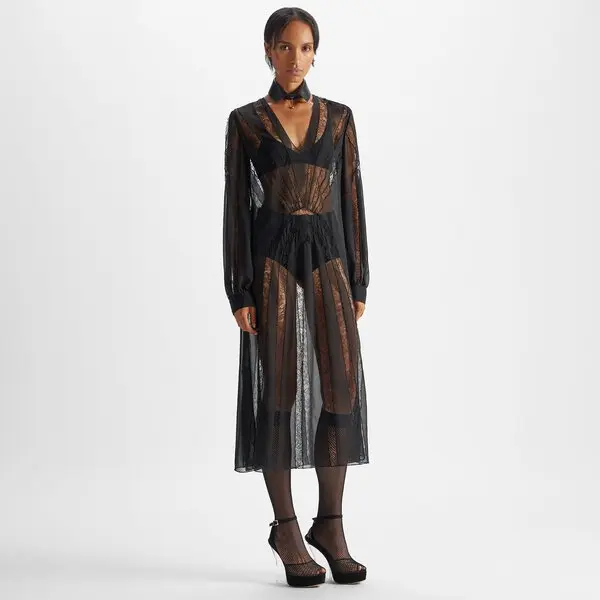 Fendi Silk Georgette Midi Dress With Chantilly Lace Inlays