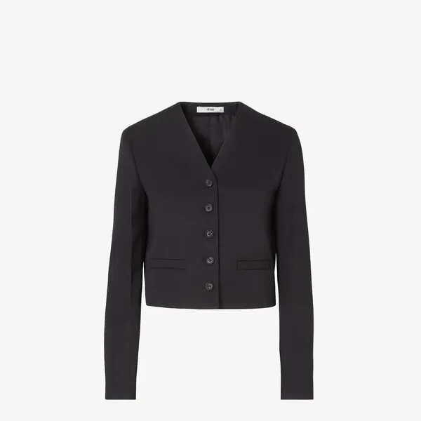 Fendi Short Single-breasted Jacket In Grain De Poudre Wool - Black