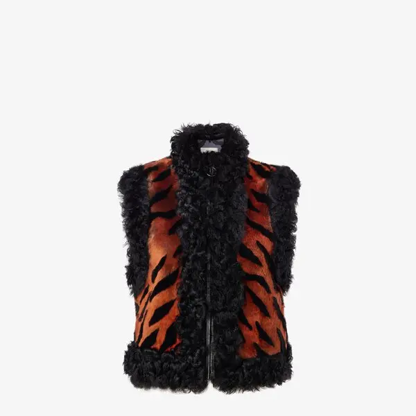 Fendi Wool Cloth Gilet With Mirror Embellishments And Fox Fur Trim - Black