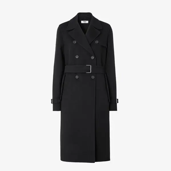 Fendi Double-breasted Wool Trench Coat With Ff Zucca Interior - Black