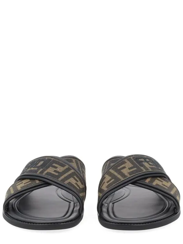 Fendi Cross-strap Logo Slides - Brown