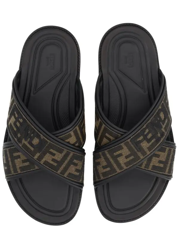 Fendi Cross-strap Logo Slides - Brown