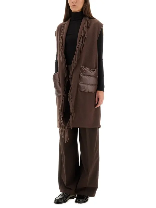 Herno Long Sleeveless Cardigan With Fringe And Padded Pockets - Brown