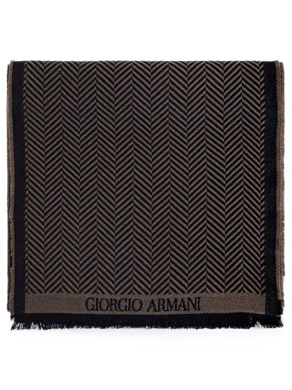 Giorgio Armani Herringbone Virgin Wool Scarf With Fringes - Grey