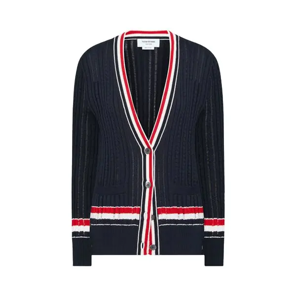 Thom Browne Neck Elongated Rwb Stripe Cardigan 'navy