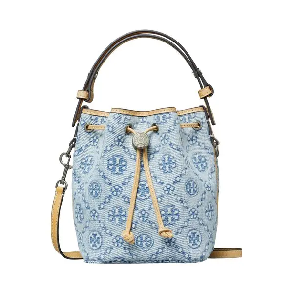 Tory Burch T Monogram Denim Mini Bucket Bag 'powder