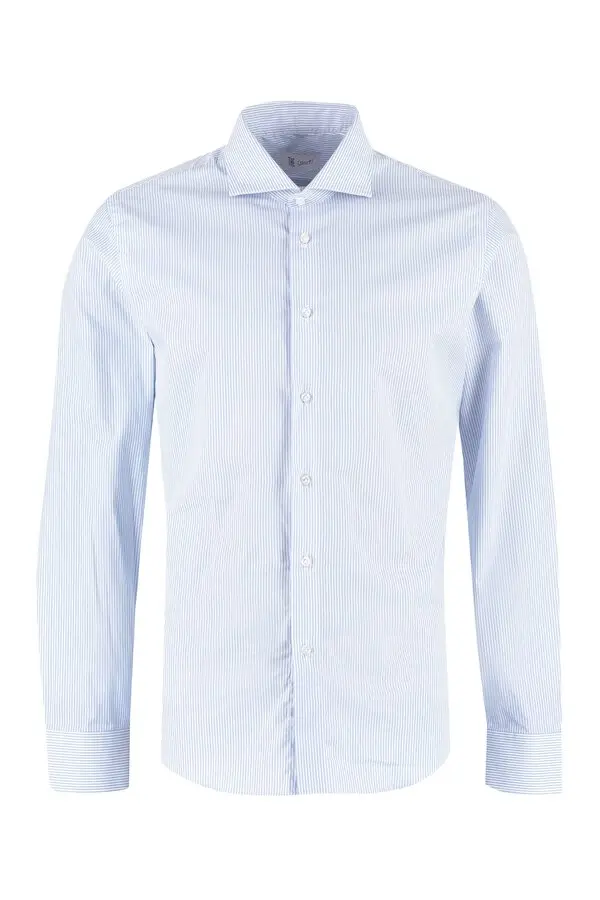 THE ALPHABET The Striped Cotton Shirt With Rounded Hem - Light Blue