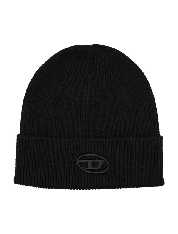 DIESEL® Ribbed Knit Beanie With Embroidered Logo - Nero