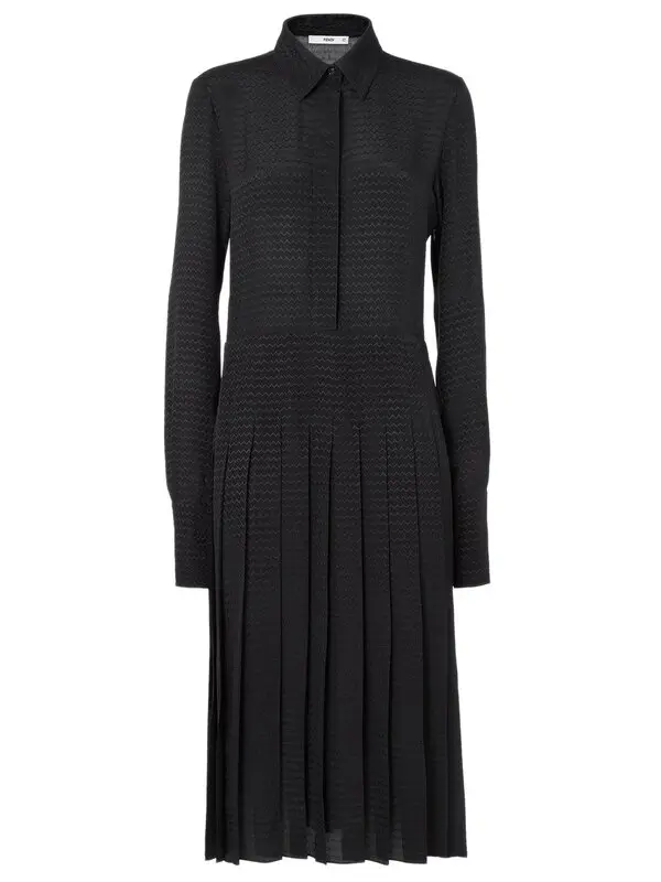 Fendi Midi Silk Shirt Dress With Jacquard Chevron Pattern & Pleated Skirt - Nero