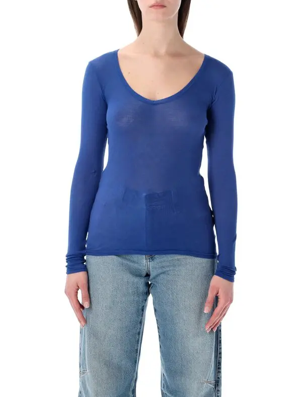 American Vintage Mini Ribbed V-neck T-shirt With Long Sleeves - Blue