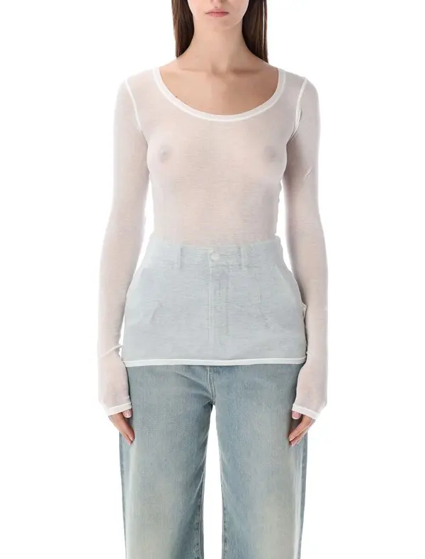 American Vintage Sheer Long-sleeve Scoop Neck Top - Bianco