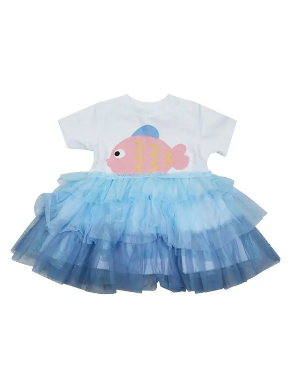 Stella McCartney Mini Dress With Tulle Skirt And Fish Print - Bianco