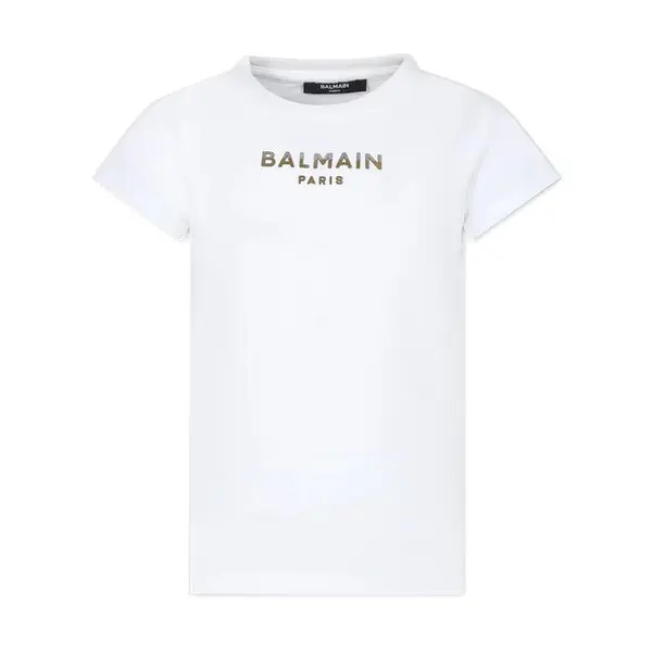 Balmain Round Neck Short Sleeve Shirt With Contrasting Logo - White